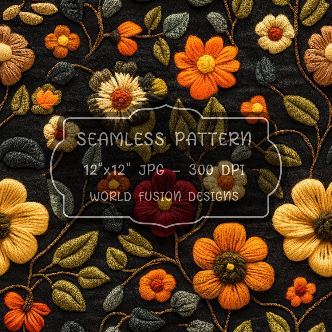 Embroidered Effect Flowers Fall Colors Seamless Repeating Pattern ...