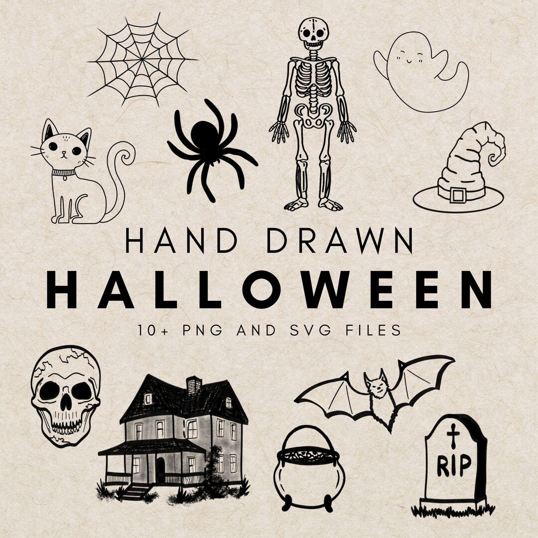 Hand Drawn Halloween Images, Fall Quirky Clipart Set, Pumpkin Ghost Bat ...