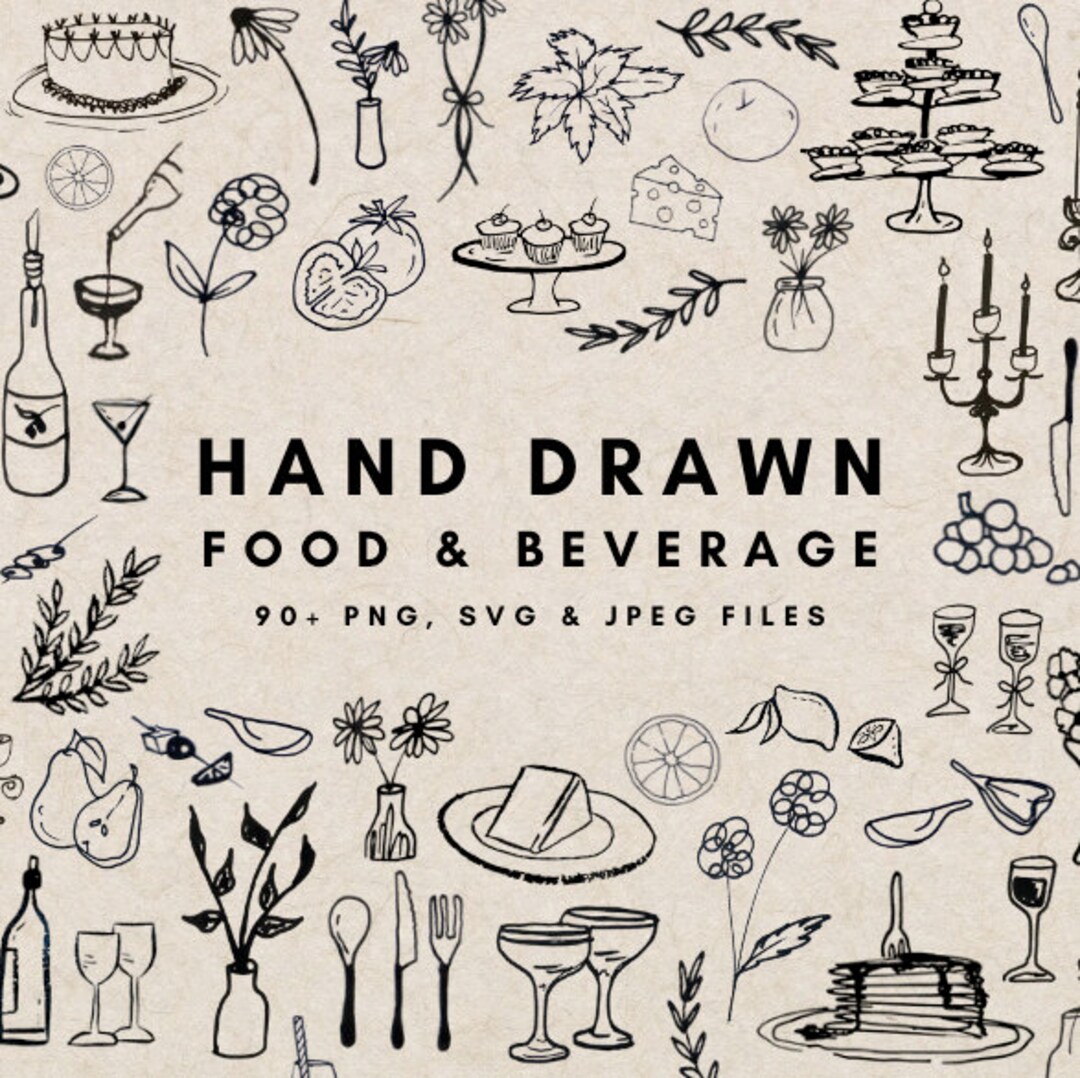 Hand Drawn Italian and French Food Clipart Bundle | Wine and Table ...