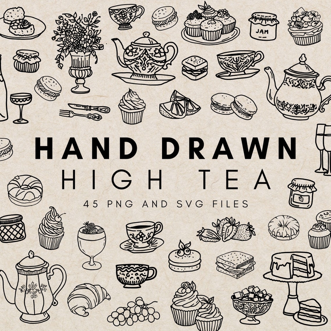 Hand Drawn High Tea Clipart, Quirky Tea Party Image, Afternoon Tea ...