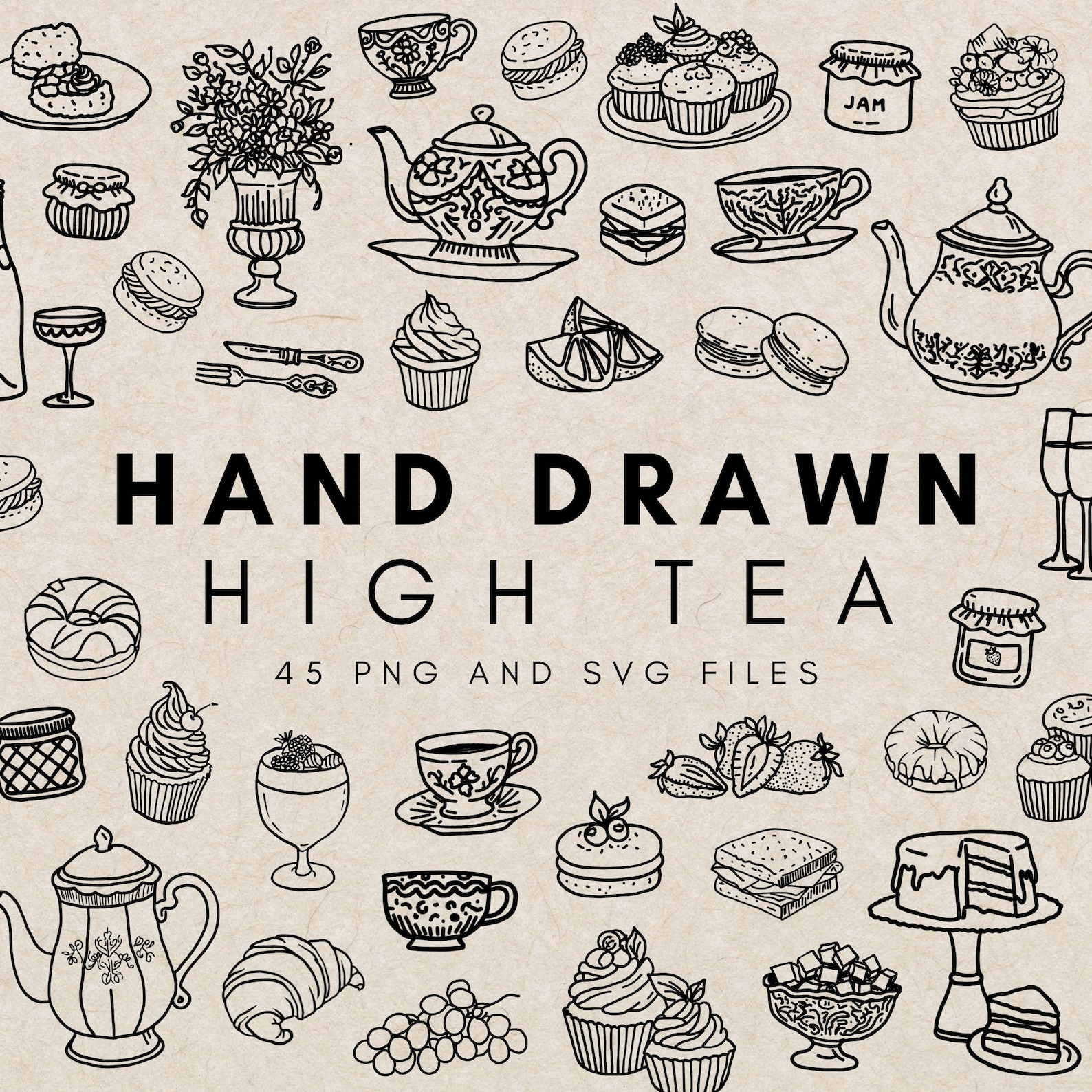 Hand Drawn High Tea Clipart, Quirky Tea Party Image, Afternoon Tea ...