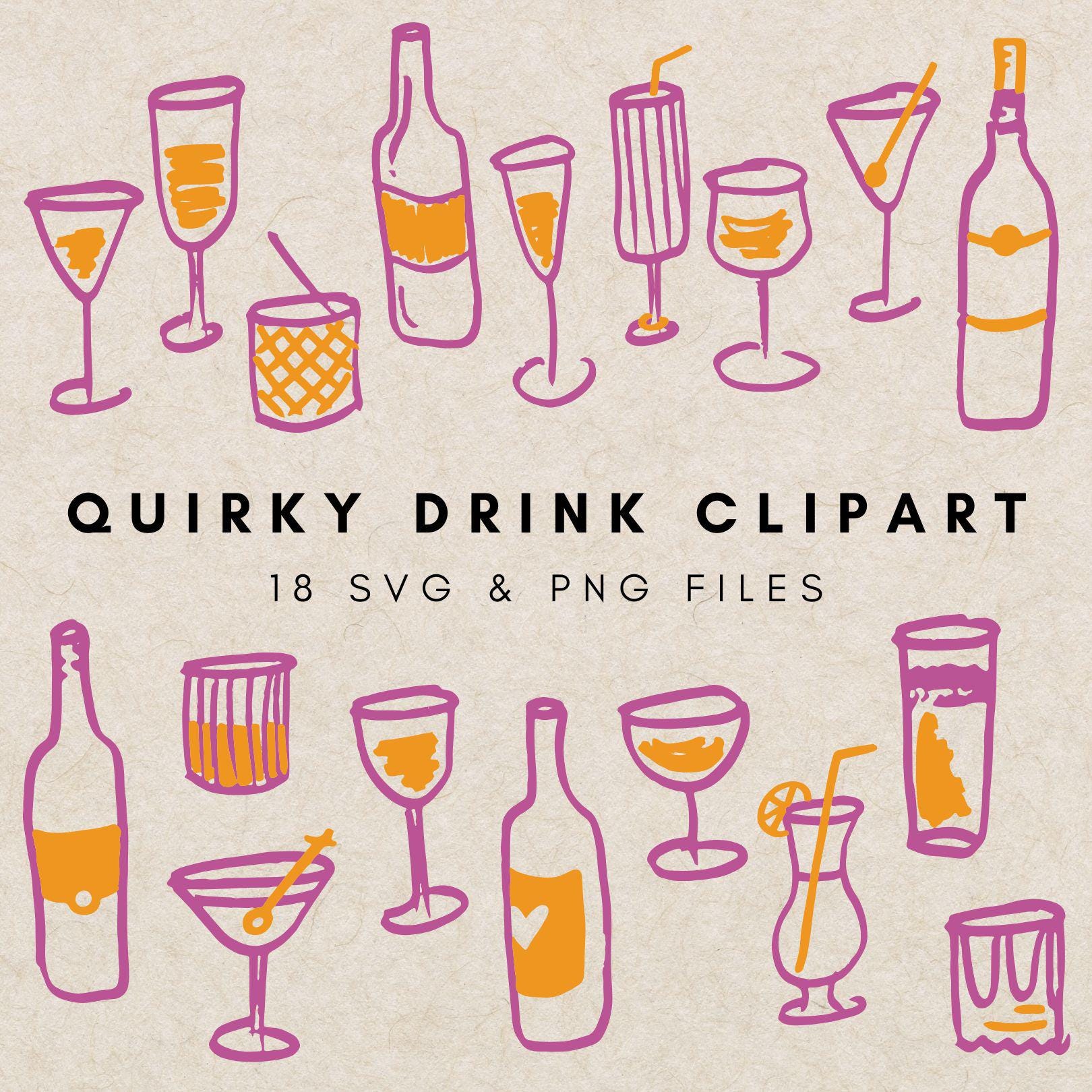 Hand-drawn Quirky Beverage Art, Martini Glass, Wine Clipart, Champagne Illustrations, SVG ...