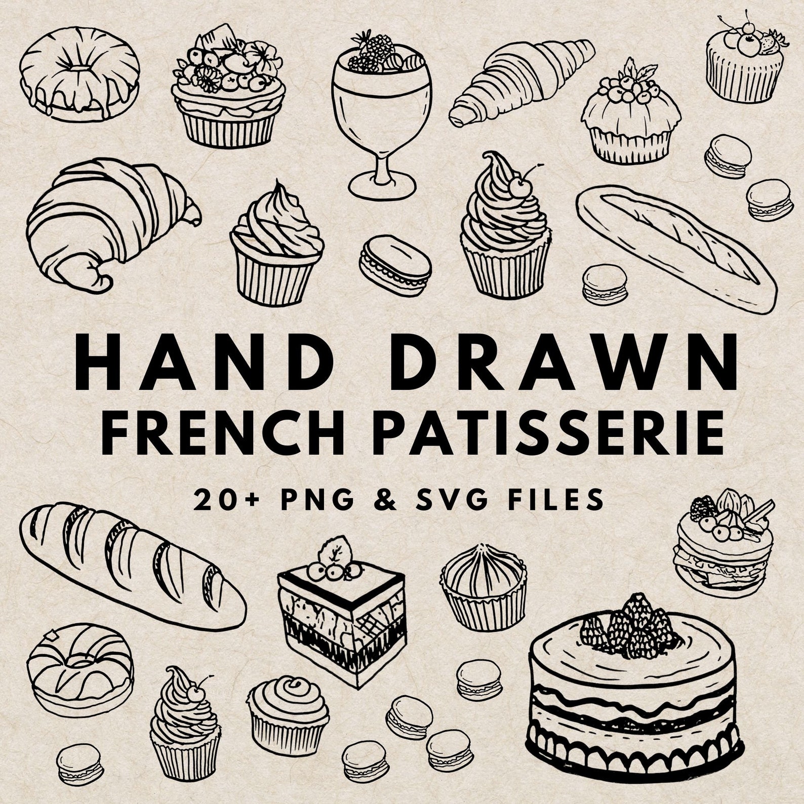 Hand Drawn French Bakery Foods, French Patisserie Food Clipart, French ...
