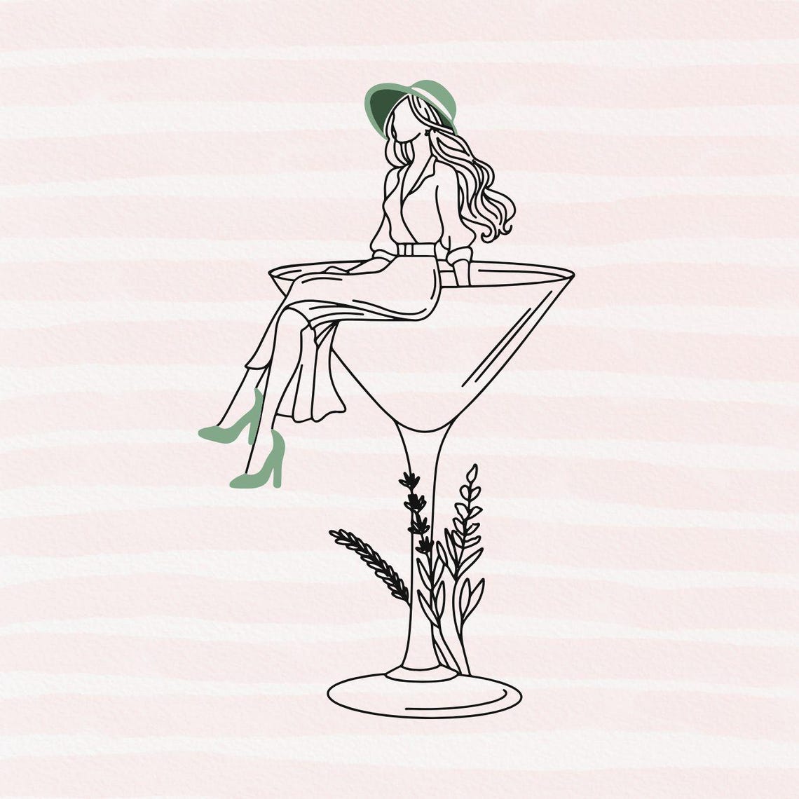 Hand Drawn Whimsical Woman in Martini Glass Illustration SVG PNG ...