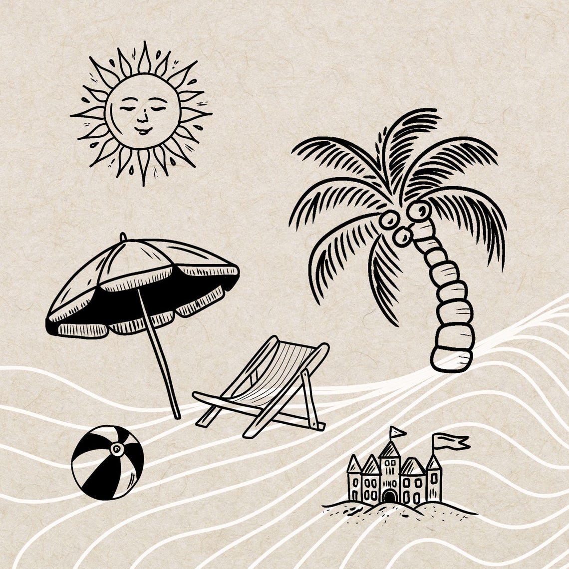 Hand Drawn Beach Clipart Bundle, Scribble Beach Vibes, Sunshine Summer ...
