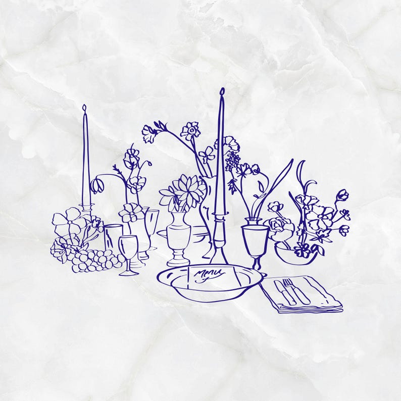 Hand Drawn Quirky Wedding Table Setting, Dinner Table Decor Clipart ...