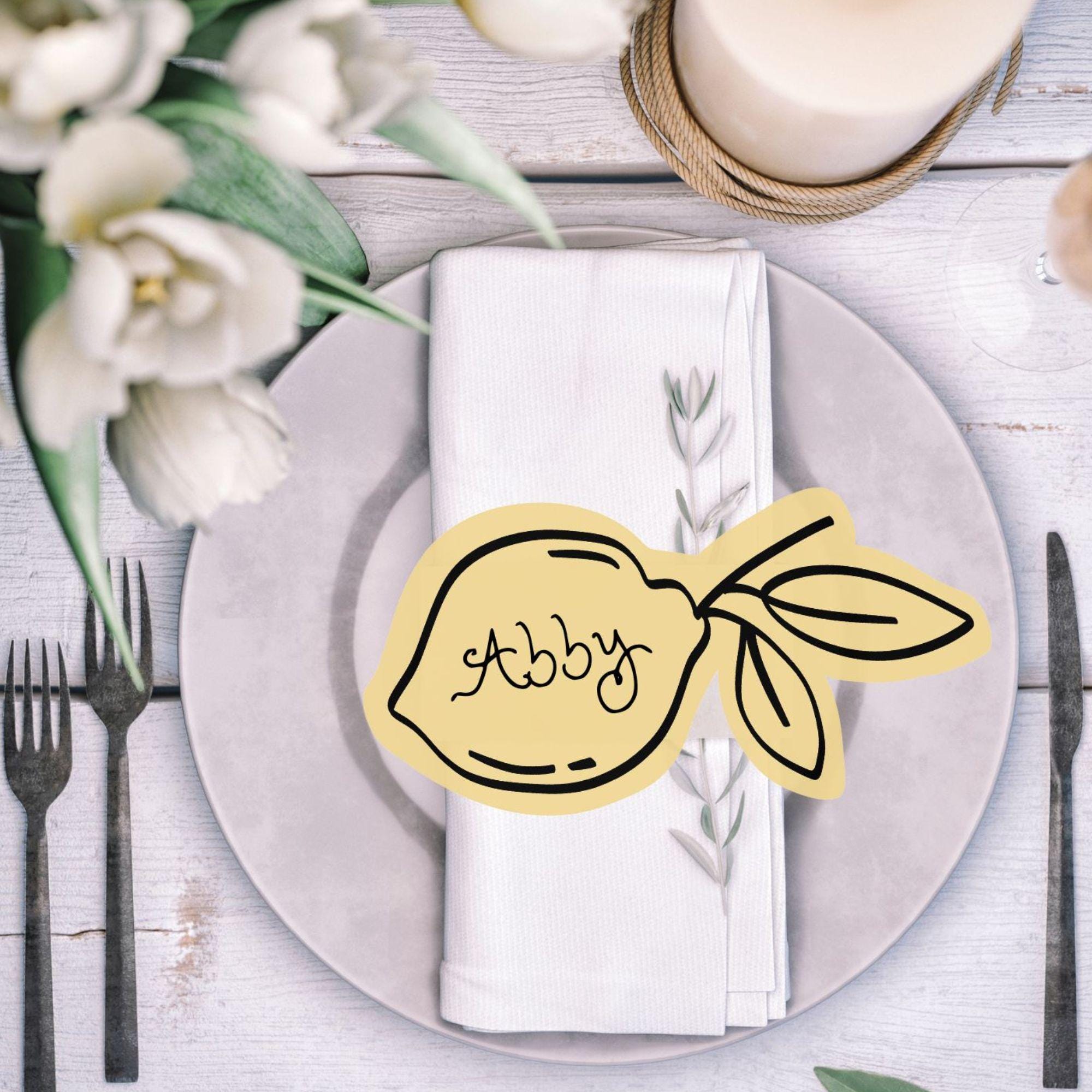 Citrus Lemon Shape Cut Place Cards, Shape Name Place Tags, Wedding ...