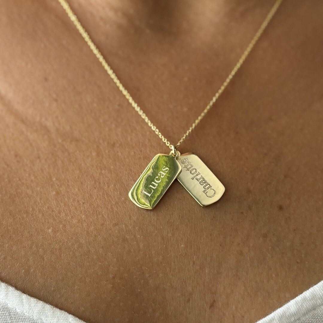 Engraved Double Name Tag Pendant Necklace, 14K Gold Personalized ...