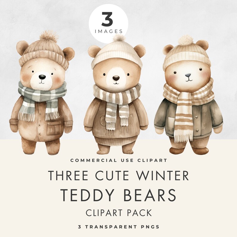 Watercolor Winter Teddy Bear Clipart: 3 PNG Transparent Images ...