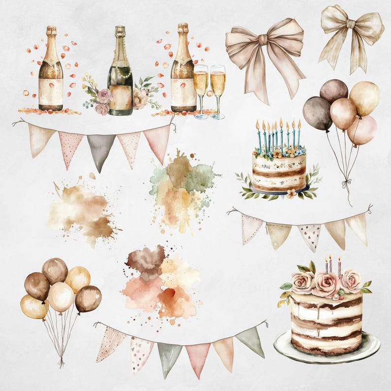 Boho Birthday Party Clipart, Watercolor Clip Art, Commercial Use ...