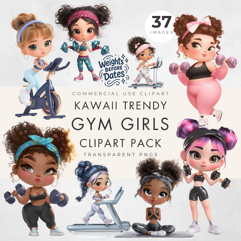 Kawaii Gym Girls Clipart: Trendy Fitness Transparent PNG Graphics ...