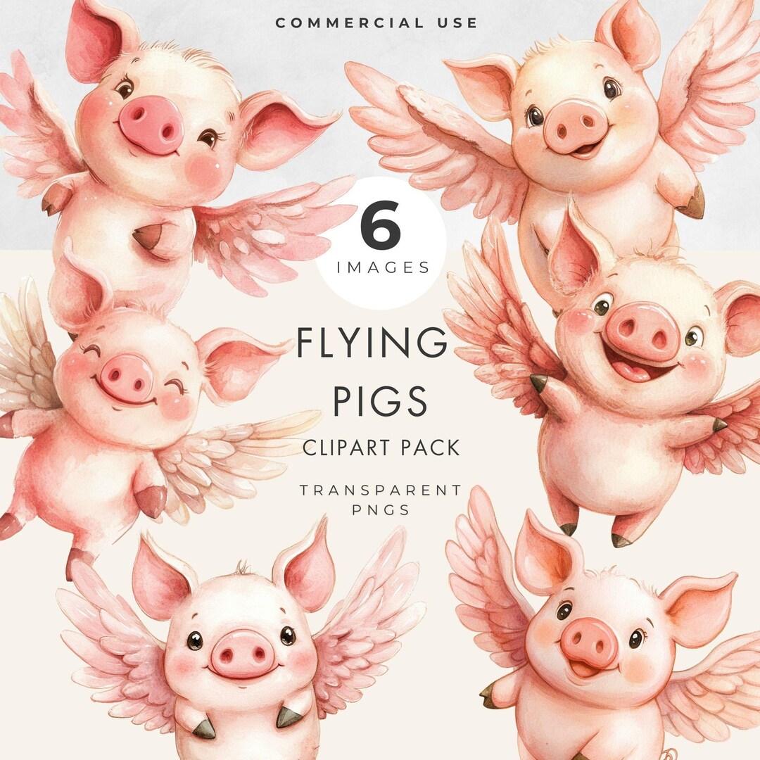Flying Pig Clipart Pack – 6 Transparent Pngs, Watercolor Piglets ...