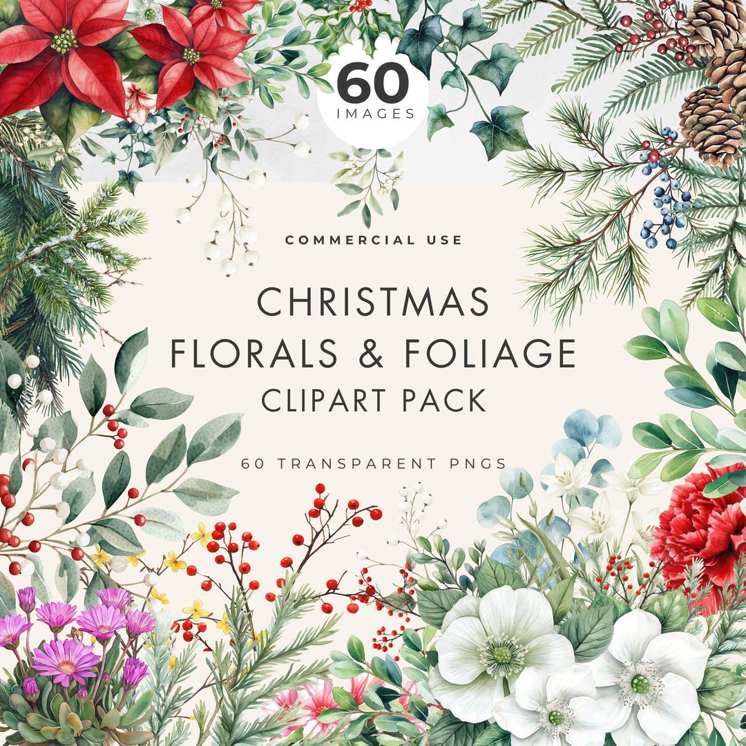 Christmas Floral Clipart, Commercial Use, Transparent PNGS, Winter ...