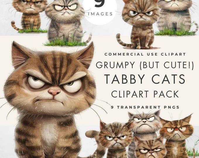 Digital Cats Clipart, Quirky Funny Grumpy Cat Clipart, Printable ...