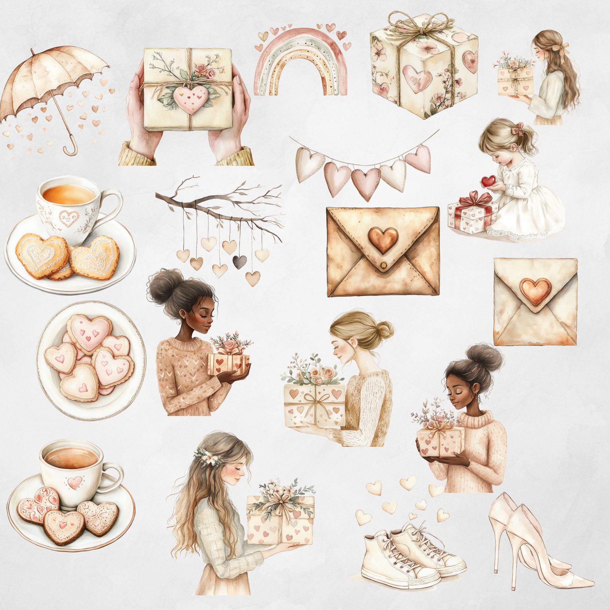 Boho Valentine's Day Watercolor Clipart Bundle: Hearts, Cookies ...