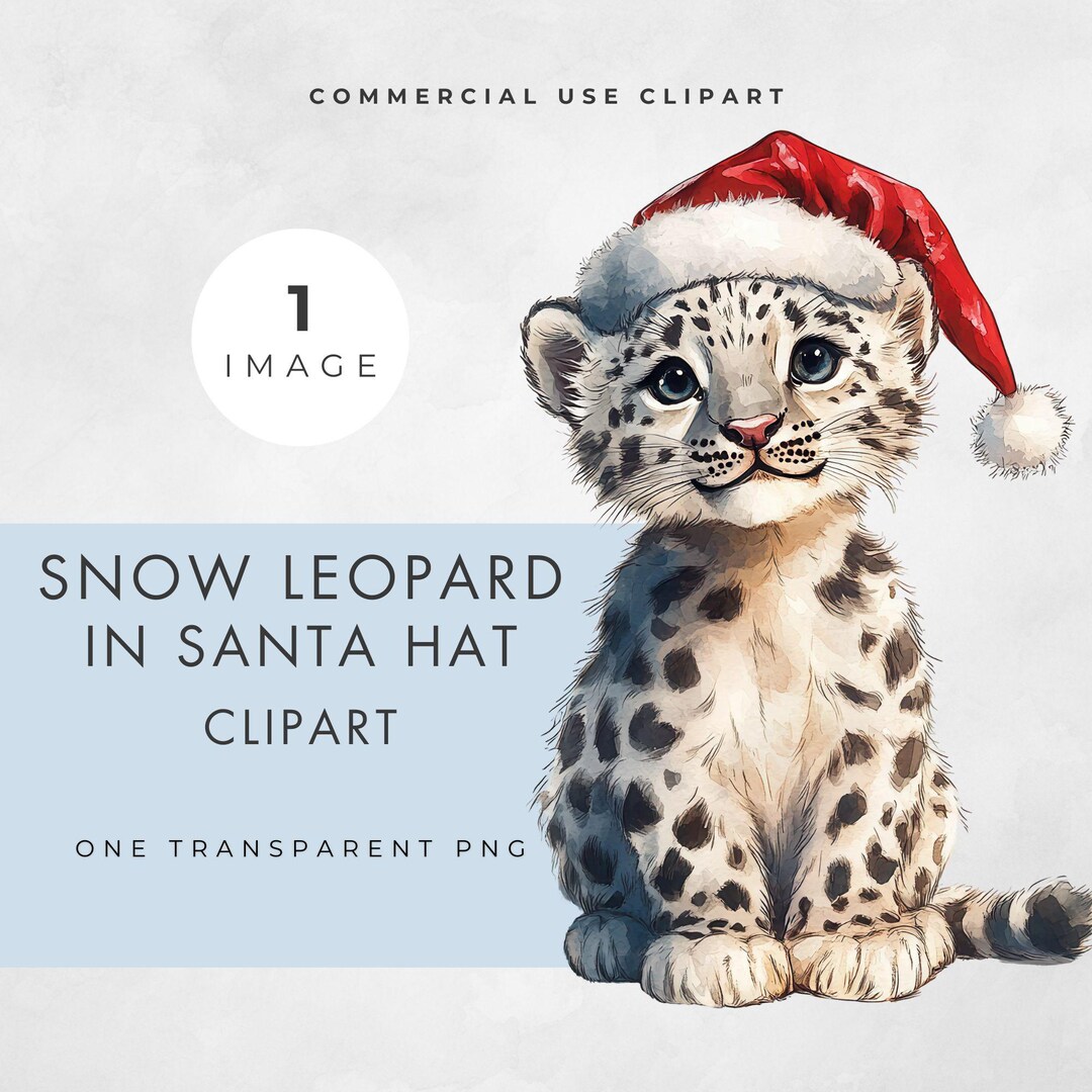 Snow Leopard in Santa Hat Clipart, SINGLE IMAGE, Commercial Use ...