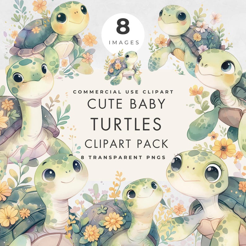 Baby Turtle With Flowers Clipart, 8 IMAGES, Commercial Use, Transparent ...