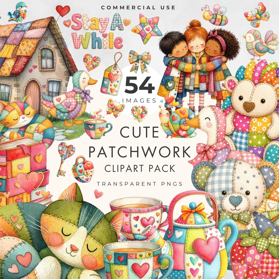 Patchwork Clipart Bundle, Nursery Animals Hearts Cozy Set, Commercial ...