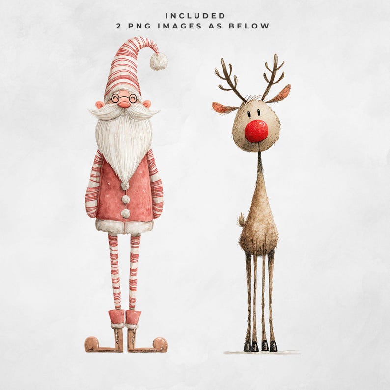 Quirky Santa & Reindeer Clipart, Transparent PNG, Fun Watercolor ...