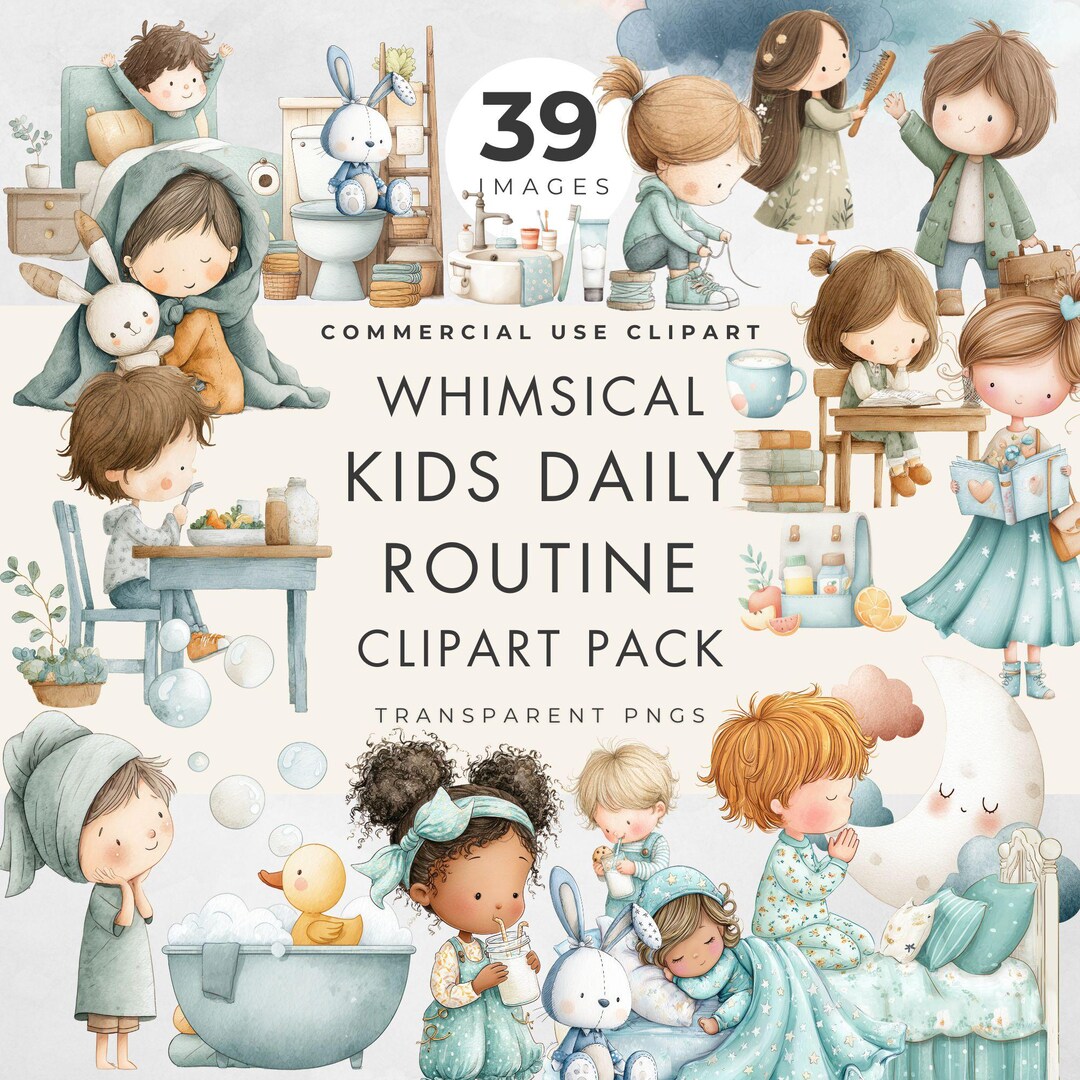 Whimsical Kids Daily Routine Clipart – 39 Pngs, Transparent Background ...