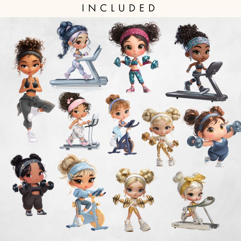 Kawaii Gym Girls Clipart, Commercial Use, Transparent PNG, Exercise ...