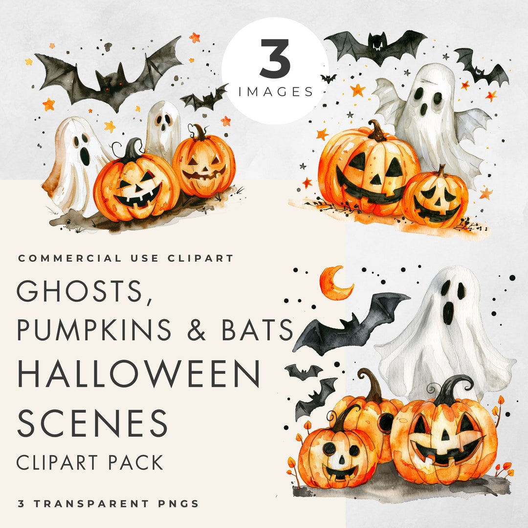 Halloween Clipart, Ghosts Bats Pumpkins Scenes 3 IMAGES, Commercial ...