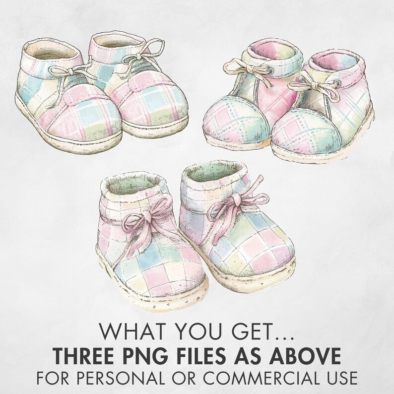 Watercolor Baby Booties Clipart: Pastel Gingham Transparent PNG ...