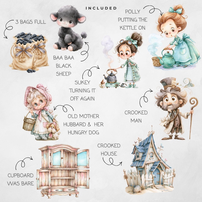 Watercolor Nursery Rhymes Clipart Bundle, PNG Images, Mother Goose ...