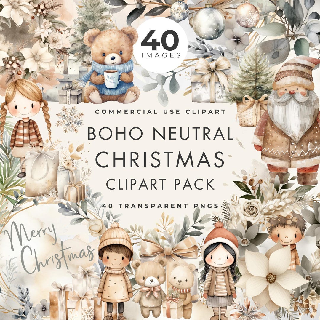 Boho Christmas Clipart, Commercial Use, Transparent PNGS, Neutral Color ...