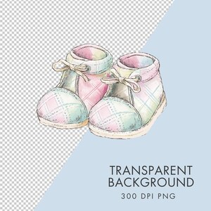 Watercolor Baby Booties Clipart: Pastel Gingham Transparent PNG ...