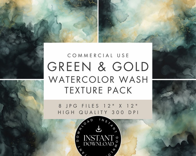 Emerald Green Digital Paper Clipart, Watercolor Digital Papers, Gold ...