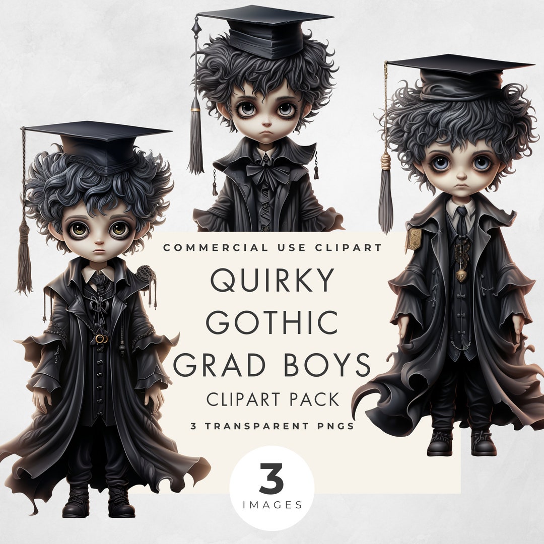 Quirky Gothic Boy Grad Clipart, Whimsical Character, 3 IMAGES ...