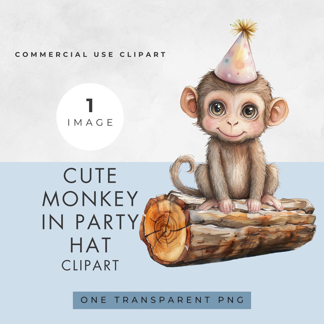 Cute Monkey in Party Hat Clipart, SINGLE IMAGE, Commercial Use ...