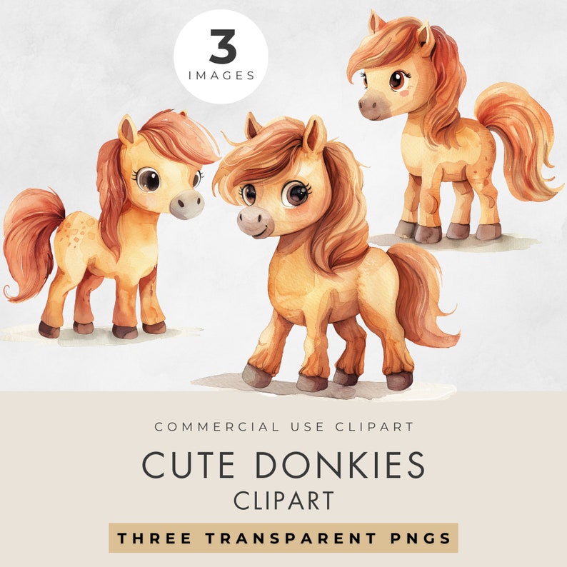 Cute Donkey Clipart, 3 IMAGES, Commercial Use, Transparent PNG, Farm ...