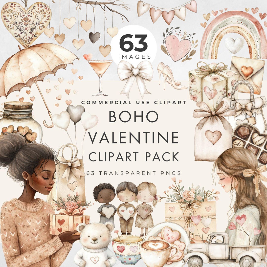 Boho Valentine's Day Watercolor Clipart Bundle: Hearts, Cookies ...