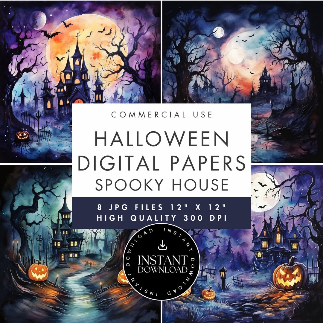 Halloween Scene Digital Papers, JPG INSTANT DOWNLOAD, Watercolor Spooky ...