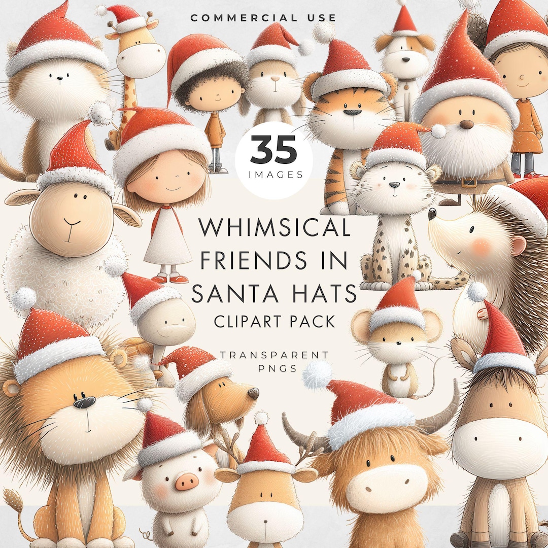 Christmas Animals & Kids Clipart – Whimsical Santa Hat PNG Pack ...