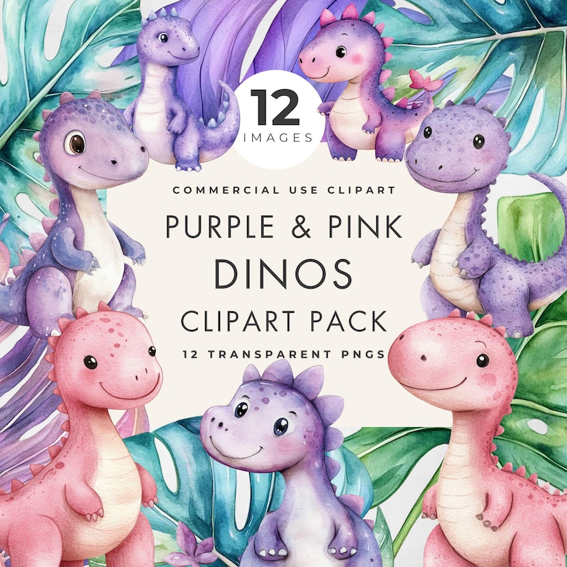 Watercolor Dinosaur Clipart: Pink & Purple Dino Pngs (commercial Use ...