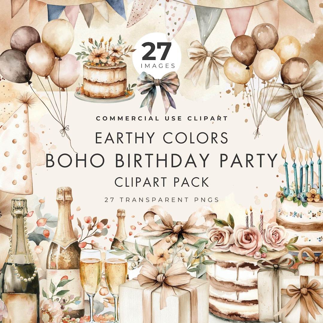 Boho Birthday Party Clipart, Watercolor Clip Art, Commercial Use ...