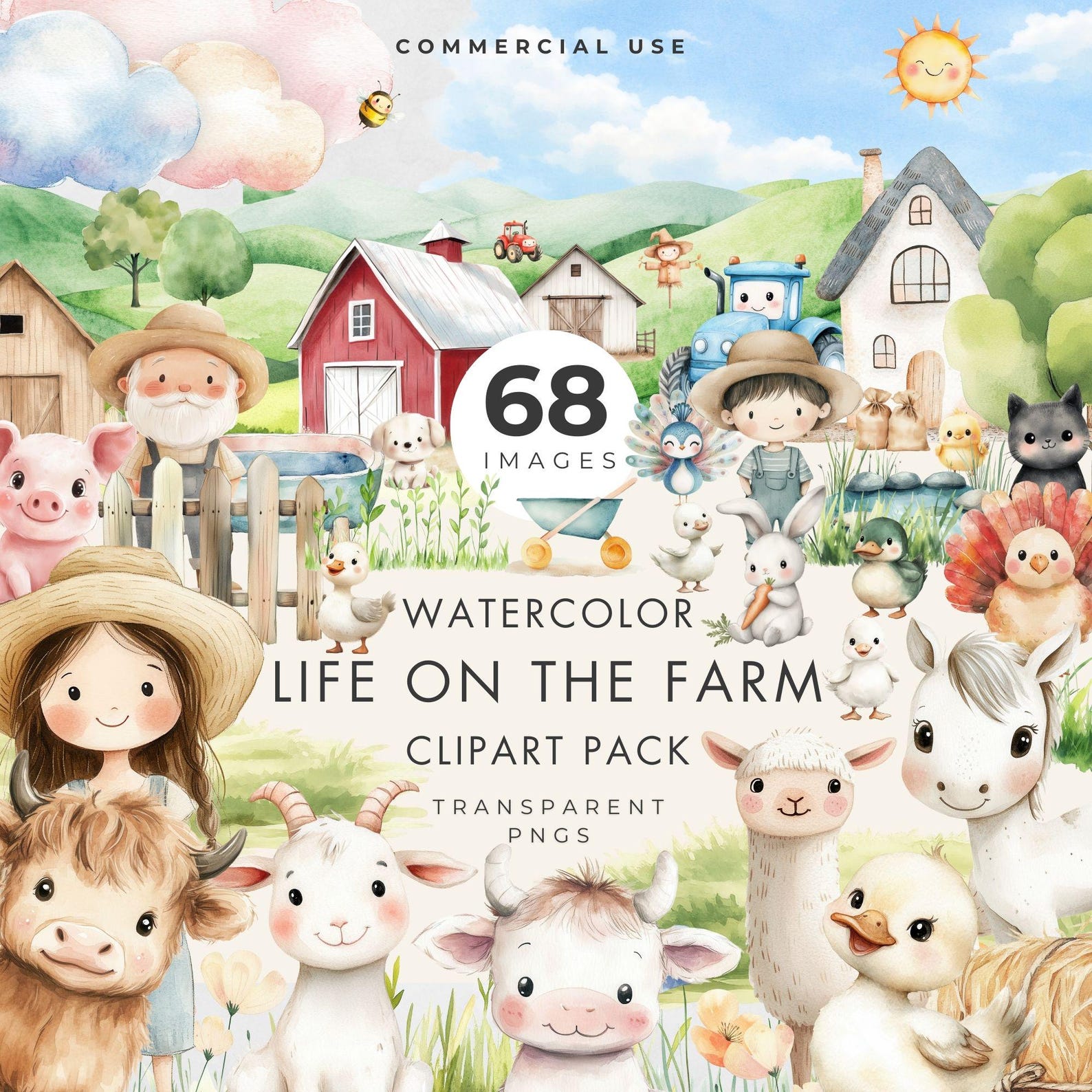 Farm Clipart Bundle – 68 Transparent Pngs, Watercolor Animals & Scenery ...
