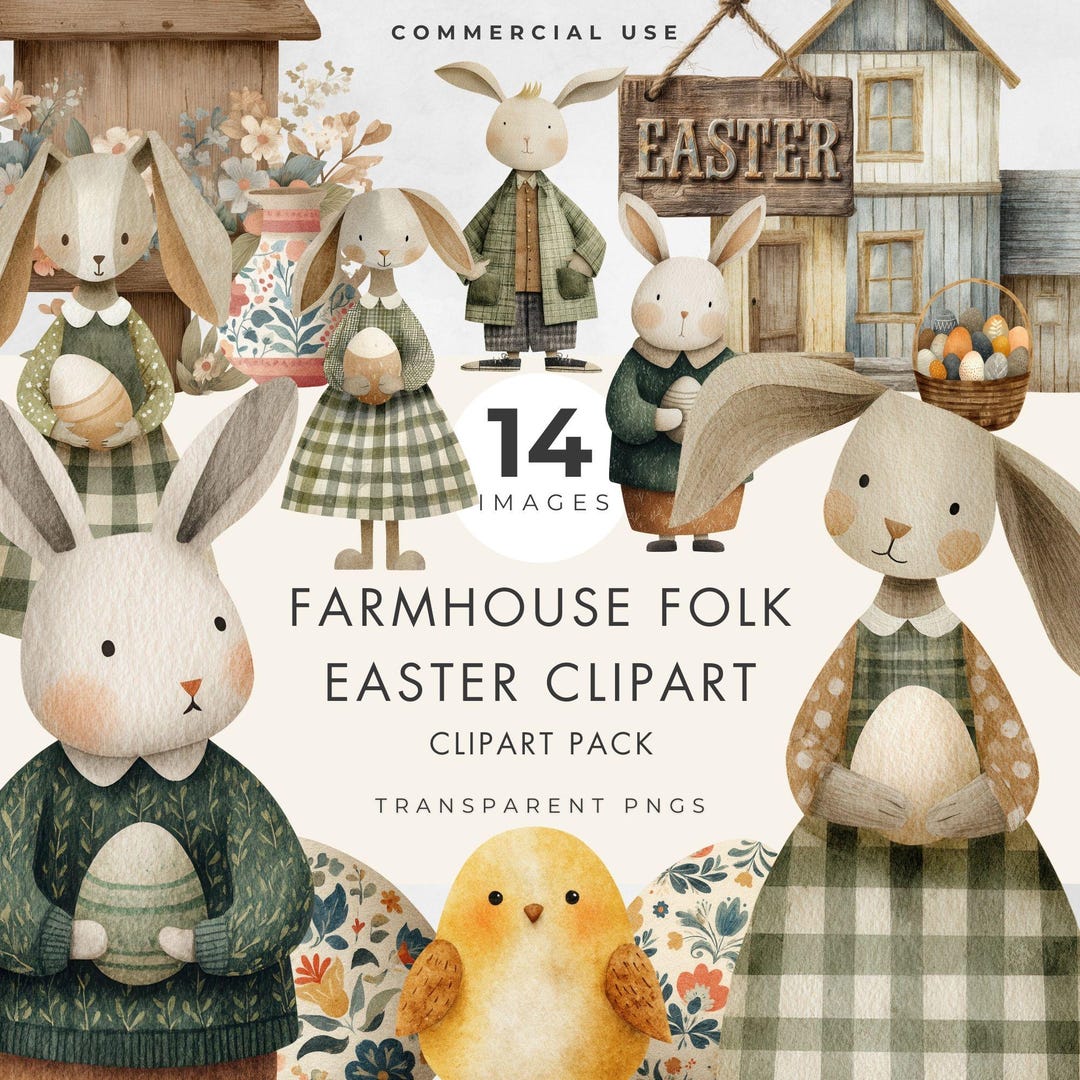 Farmhouse Folk Easter Clipart, Primitive Bunny & Eggs, 14 Pngs ...