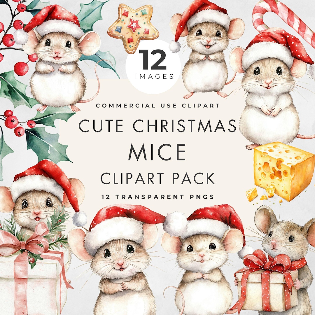 Christmas Mice Clipart: Watercolor Mouse Transparent Pngs, Commercial ...