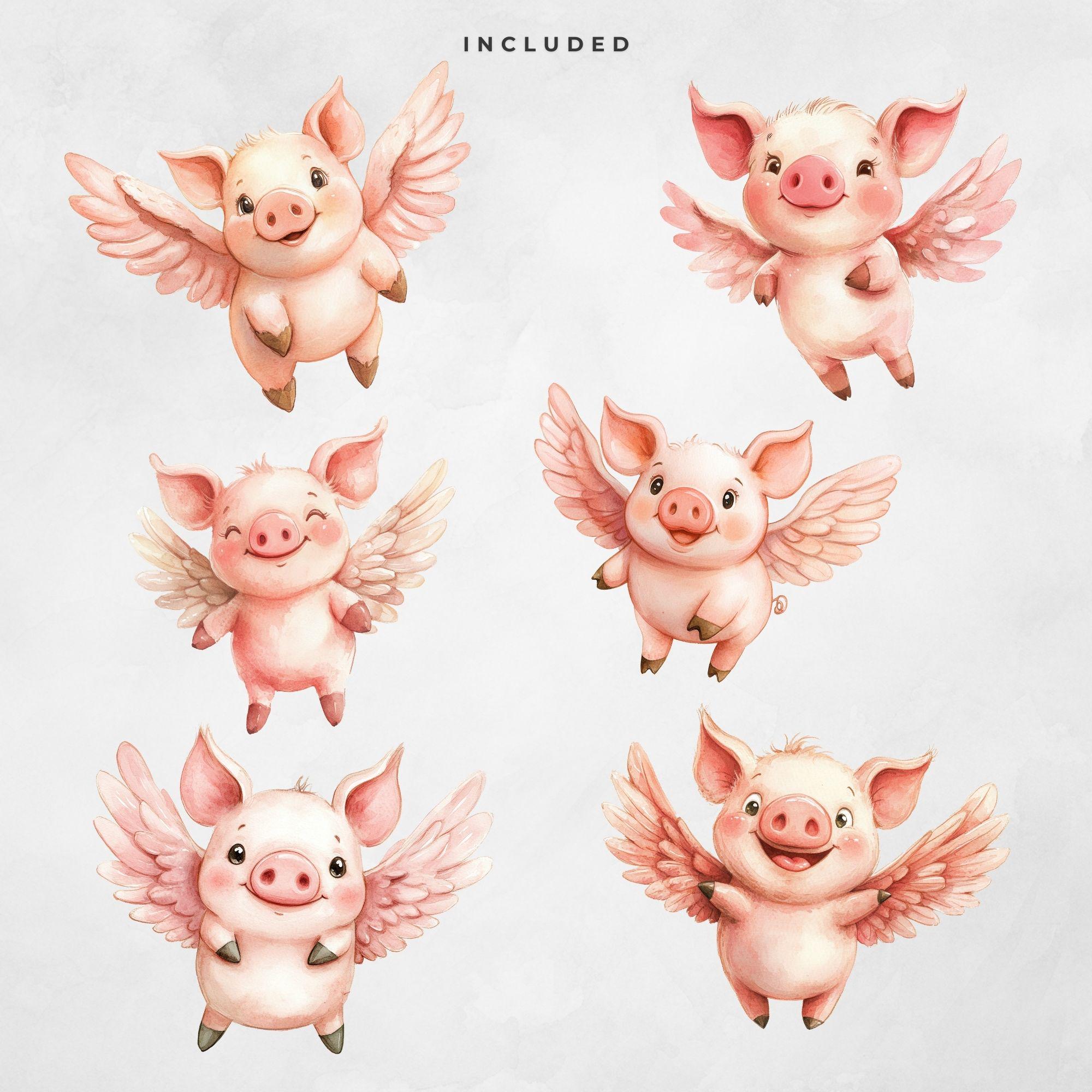 Flying Pig Clipart Pack – 6 Transparent Pngs, Watercolor Piglets ...