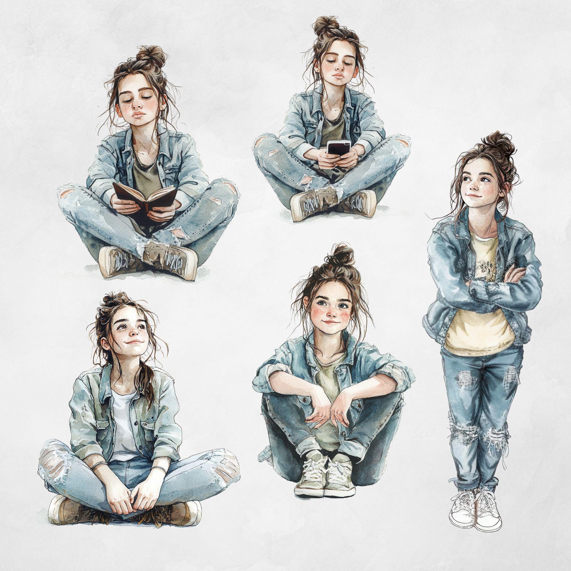 Teen Girl Clipart Set, Character in Various Poses, Commercial Use ...