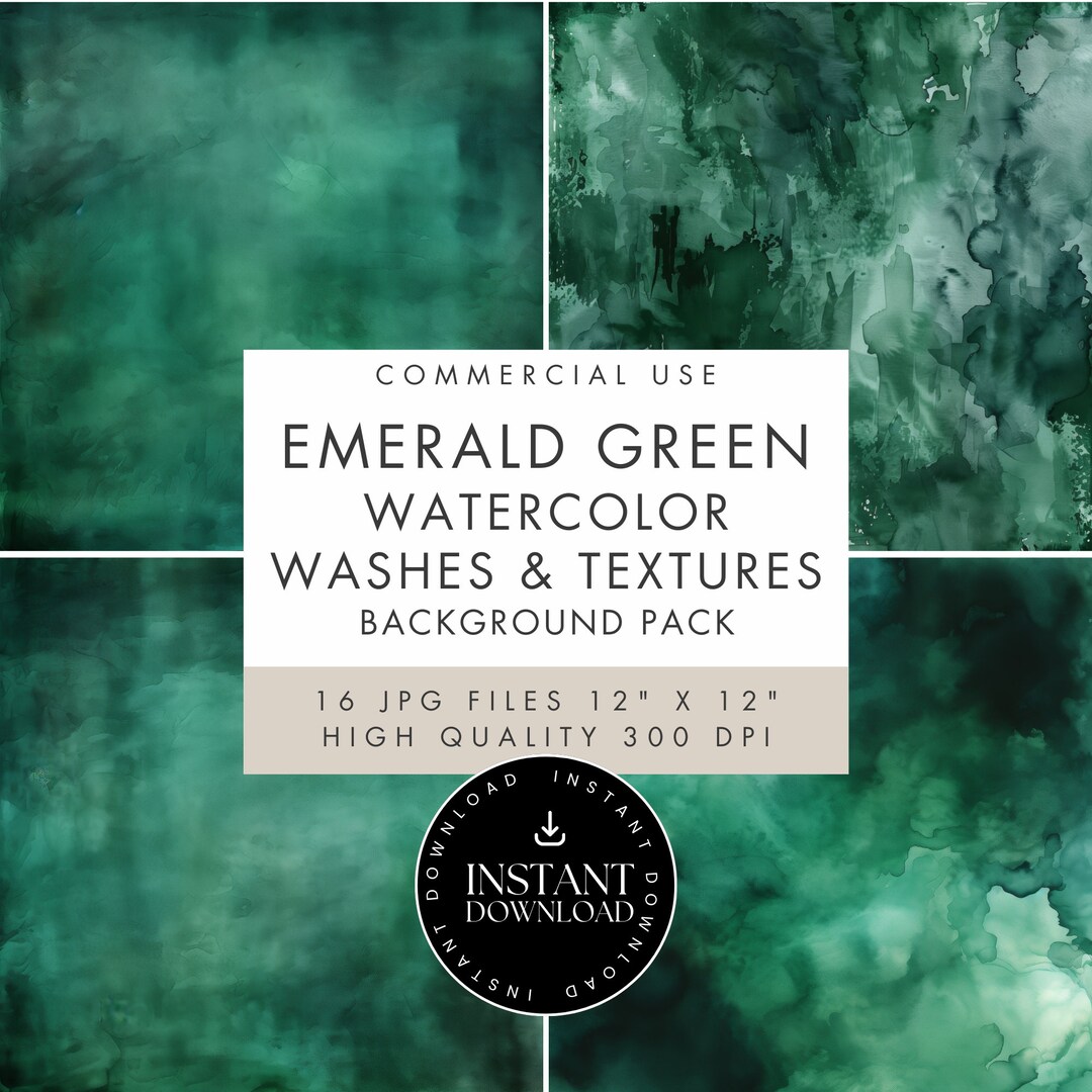 Emerald Green Watercolor Washes, Digital Background Textures, JPG ...