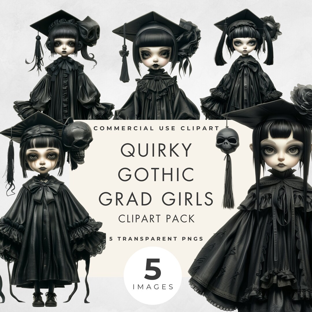 Quirky Gothic Girl Grad Clipart, Whimsical Character, 5 IMAGES ...