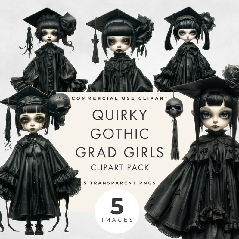 Quirky Gothic Girl Grad Clipart, Whimsical Character, 5 IMAGES ...
