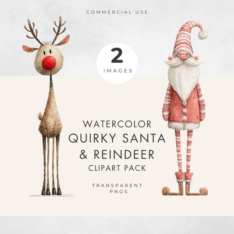 Quirky Santa & Reindeer Clipart, Transparent PNG, Fun Watercolor ...
