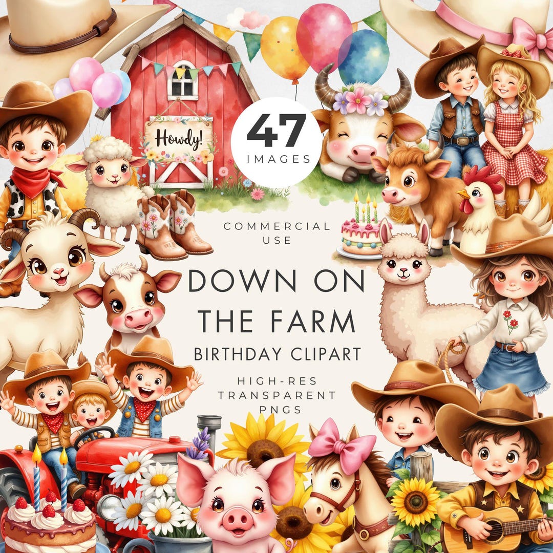 Farm Birthday Clipart Set – Cowboy Animals & Barn Party Pngs, 47 High ...