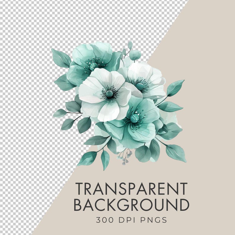 Teal Floral Clipart, Commercial Use, Transparent PNG, Watercolor ...